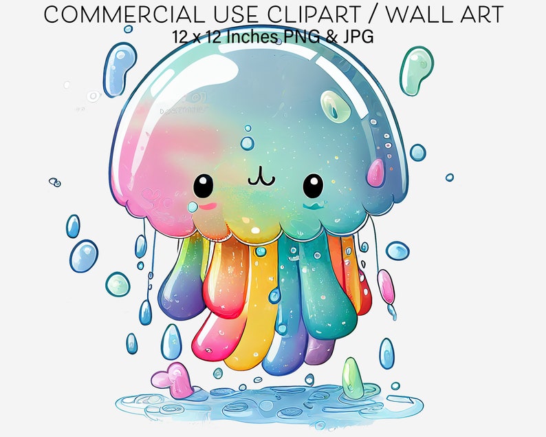 Cute Jellyfish Clipart Jellyfish Wall Art 12x12 Inches - Etsy