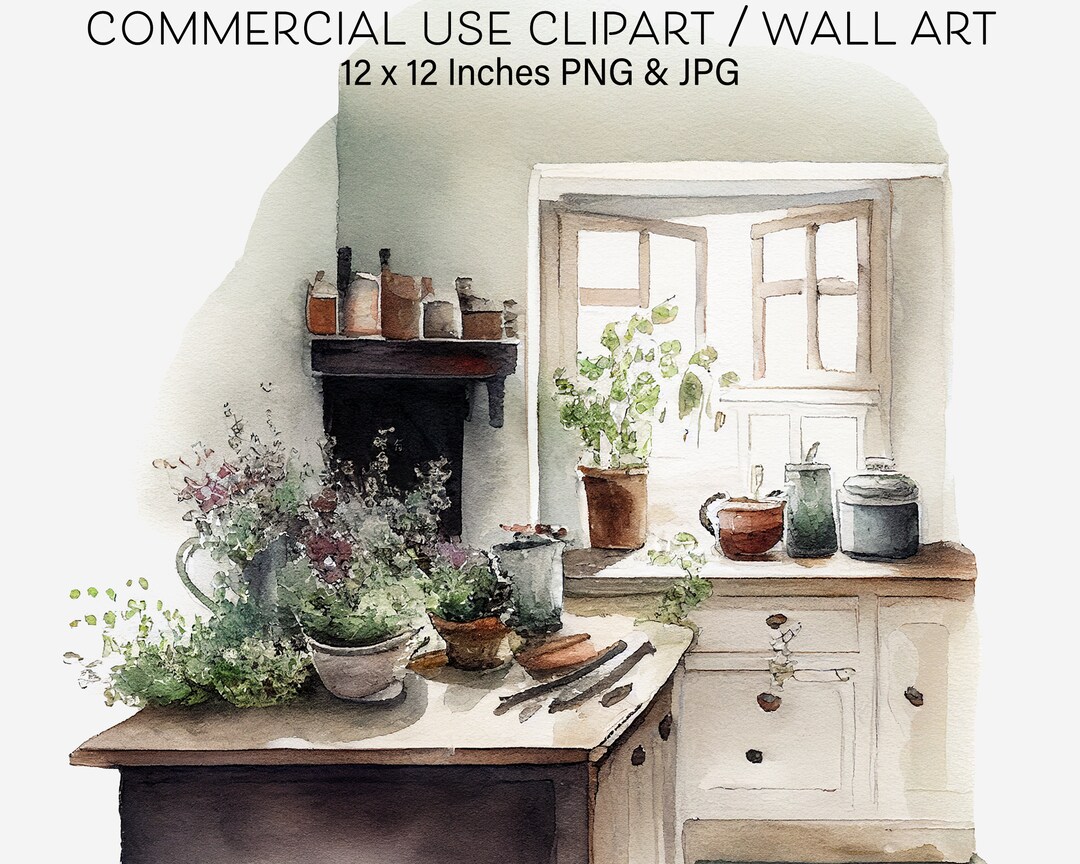 Farmhouse Kitchen Clipart Watercolour Kitchen Rustic Wall - Etsy