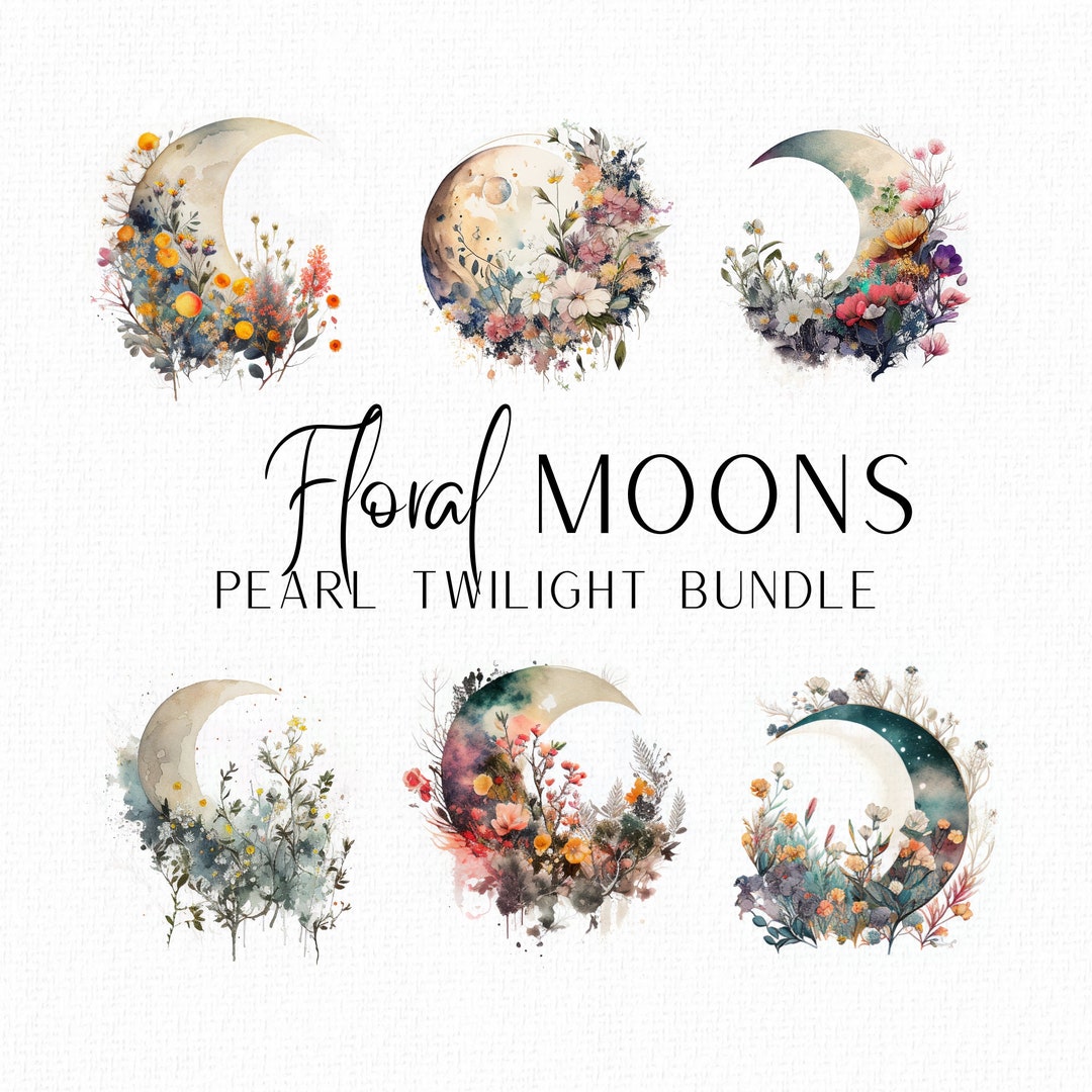 Floral Moon Clipart Bundle Moon Crest Clip Art Watercolour Flowers and ...