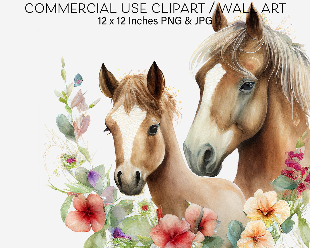 Foal and Mum Horse Watercolour Clipart, Floral Horses, Horse Lover Wall ...