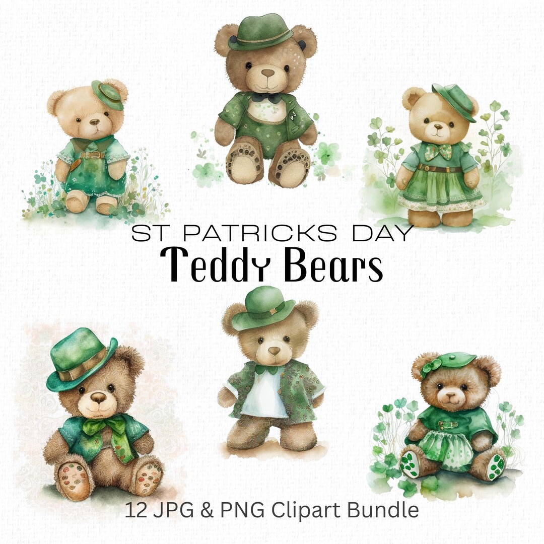 St Patricks Day Teddy Bear Clipart Bundle, Cute Teddies, Sublimation ...