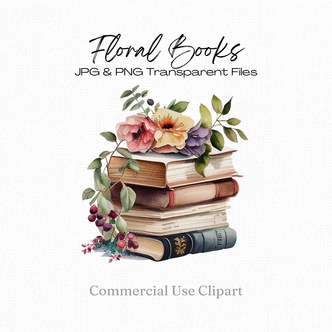 Shabby Chic Floral Books Clipart Book Lover Print Stack of Books ...