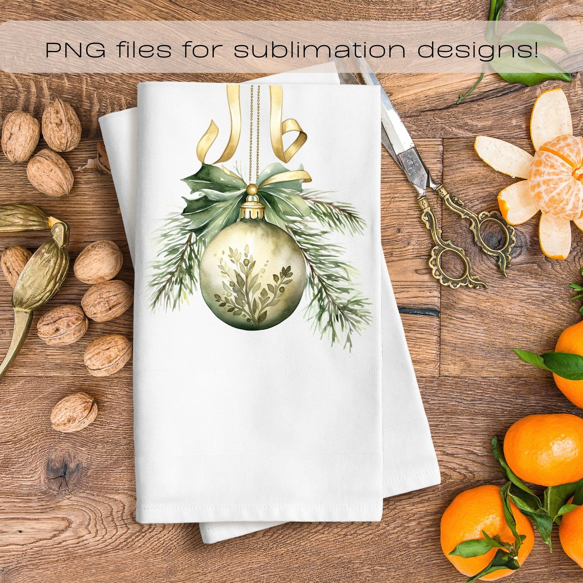 Sage Green and Gold Christmas Ornaments Clipart Bundle, Christmas ...