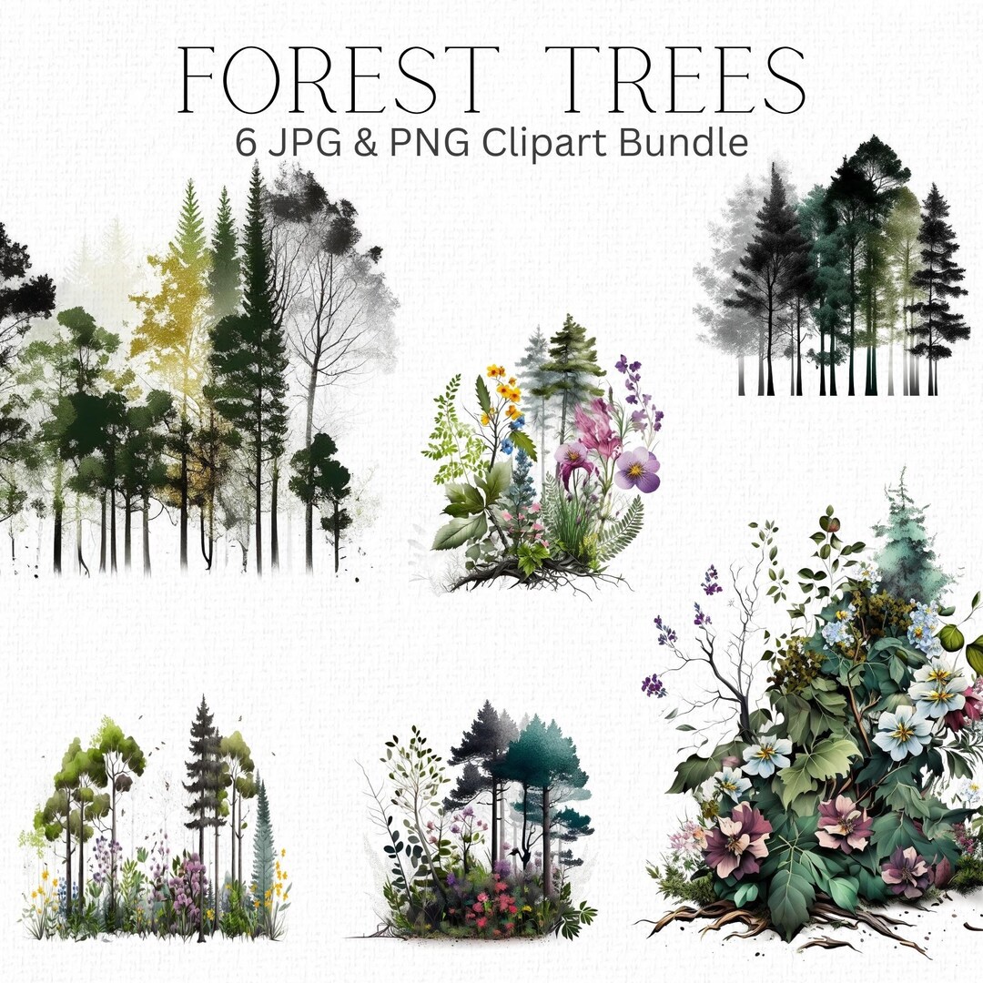 Forest Trees Clipart Bundle, Forest Png, Forest Flowers, Woodland Print ...