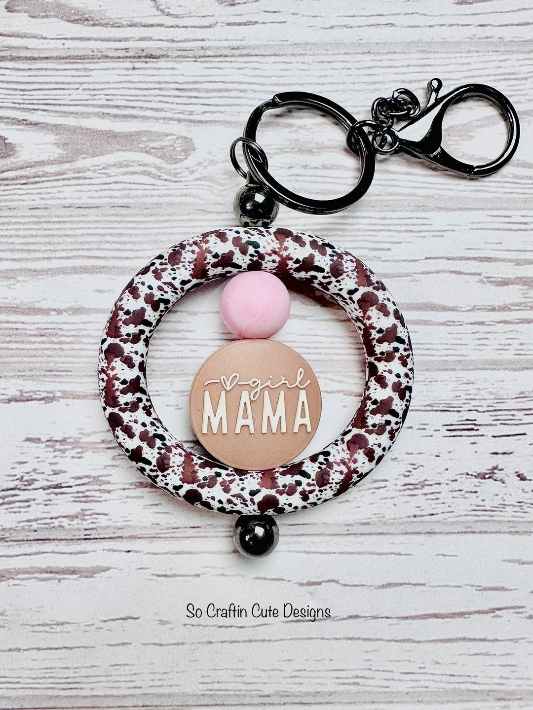 Girl Mama Cow Print Circle Key Chain, Silicon Beads Pink and Cow Print ...