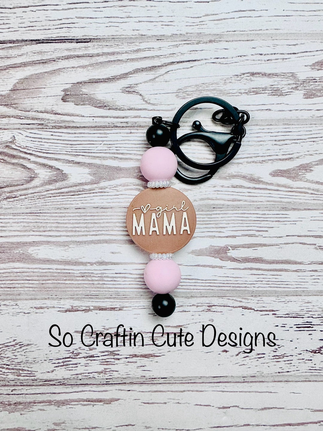Girl Mama Key Chain, Silicon Beads Pink and Pearls Keychain, Matte ...