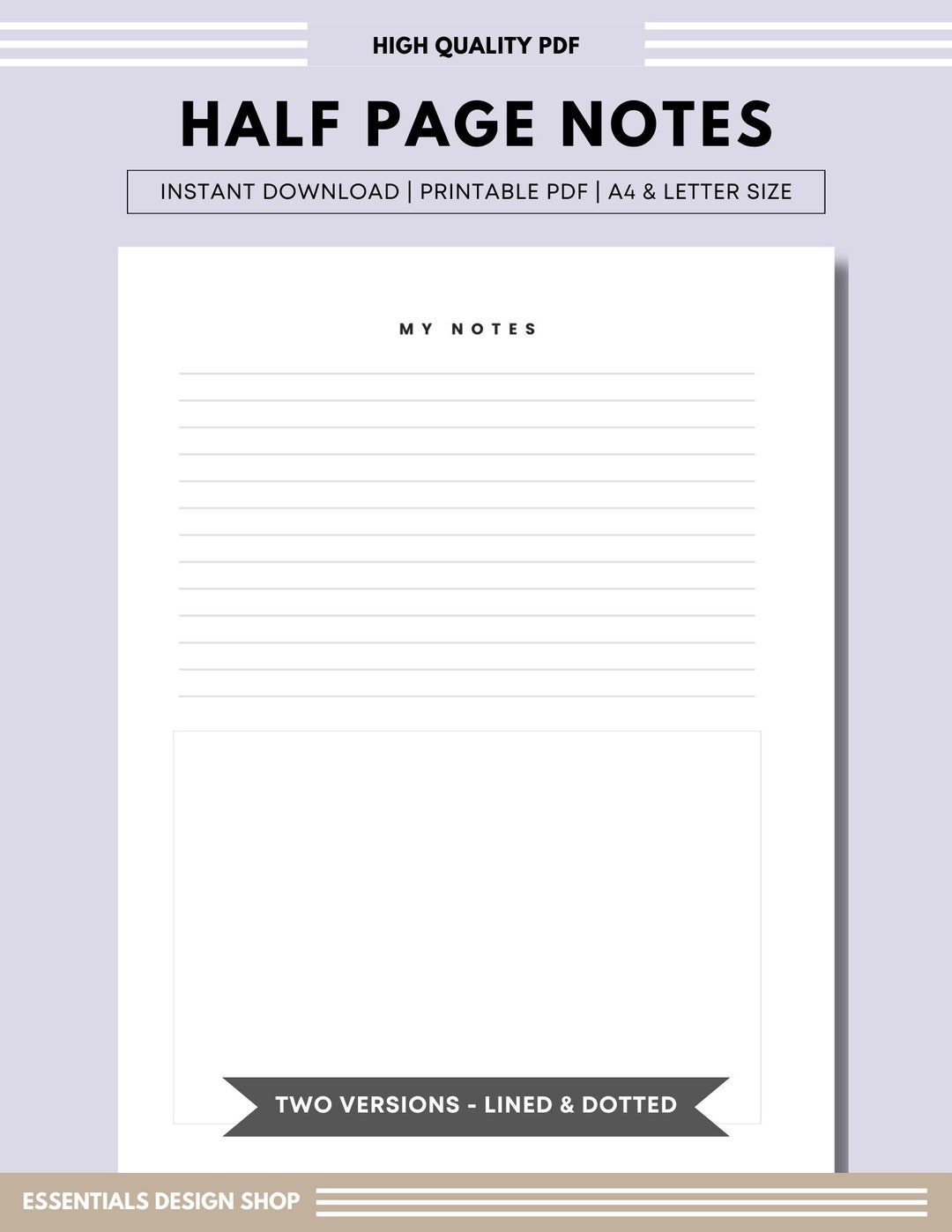 Half Lined Notes Template Printable | Digital Notes Paper, Blank Notes ...