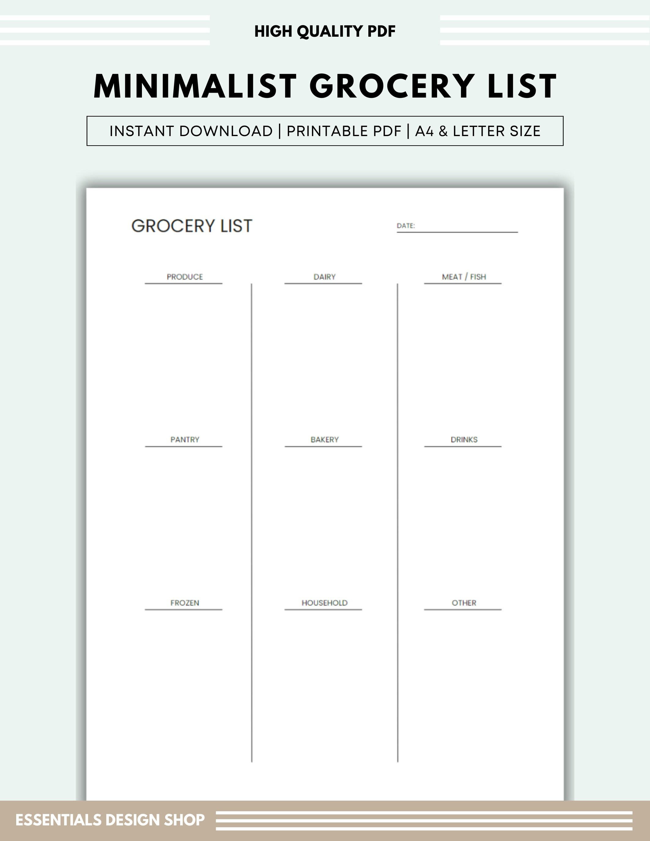 Minimalist Grocery List Printable Grocery Planner, Checklist, Shopping ...