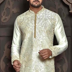 Wedding Kurta Pajama Gold Kurta Embroidered Kurta Silk Kurta Blue Kurta ...