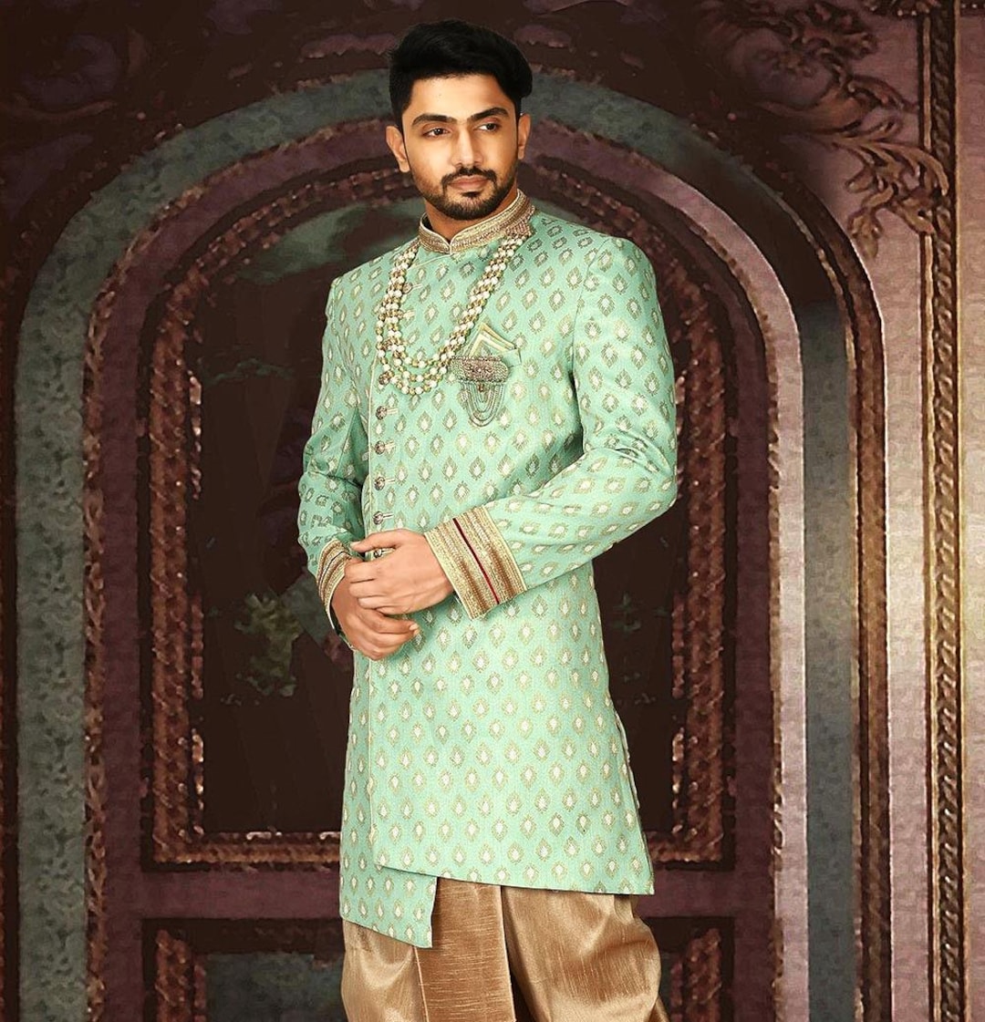 Handmade Green Sherwani Asymmetrical Style Angrakha Indowestern ...