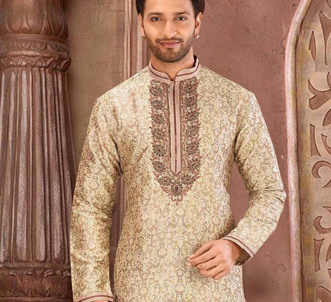 Indian Kurta Pajama Wedding Kurta Men Embroidered Kurta Beige Kurta Set ...