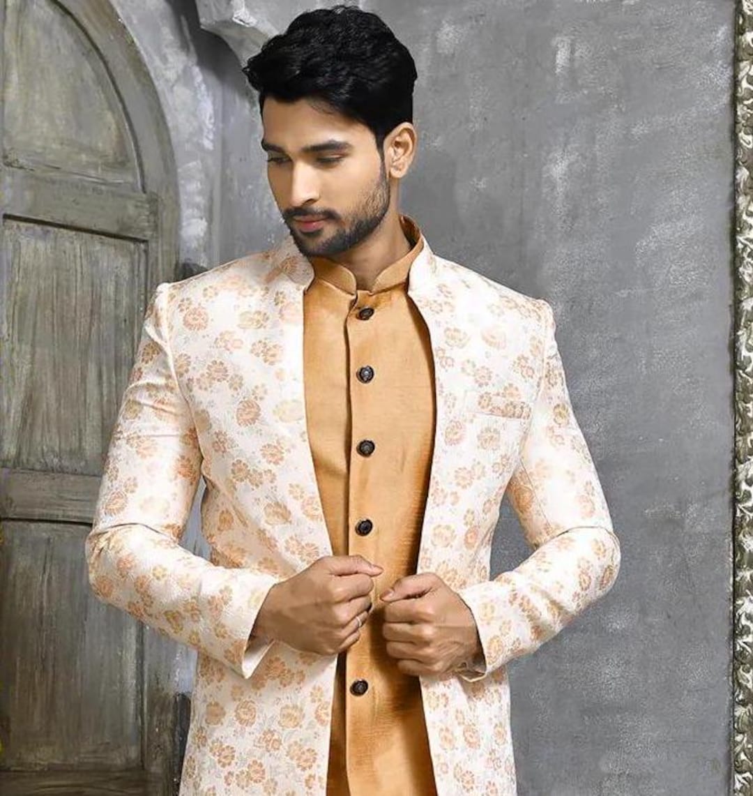 Beige Suit Men 3 Piece Suit Long Jacket Groom Suit Groom Sherwani ...
