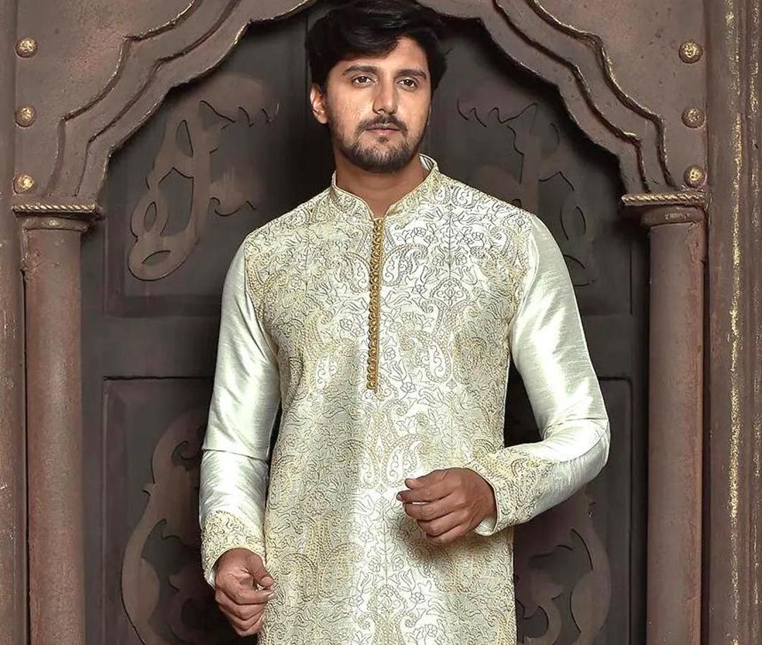 Wedding Kurta Pajama Gold Kurta Embroidered Kurta Silk Kurta Blue Kurta ...