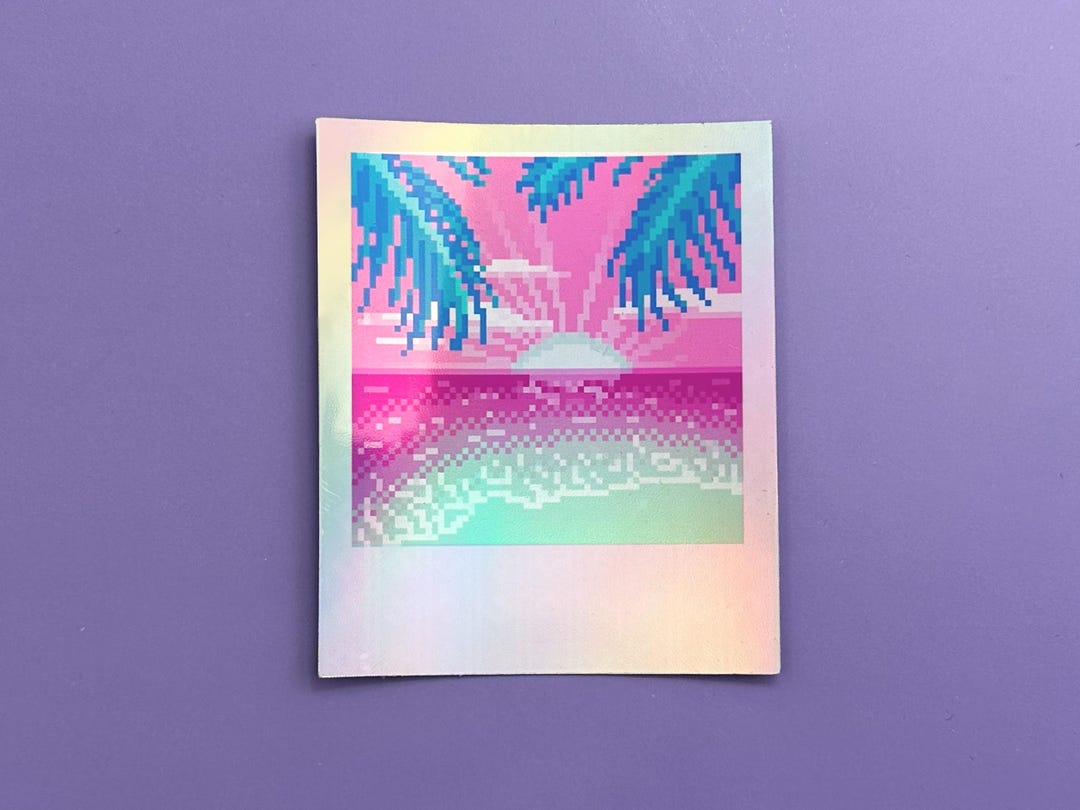 Pink Sunset, Holo Sticker, Pixel Art, Vaporwave Sticker, Aesthetic ...