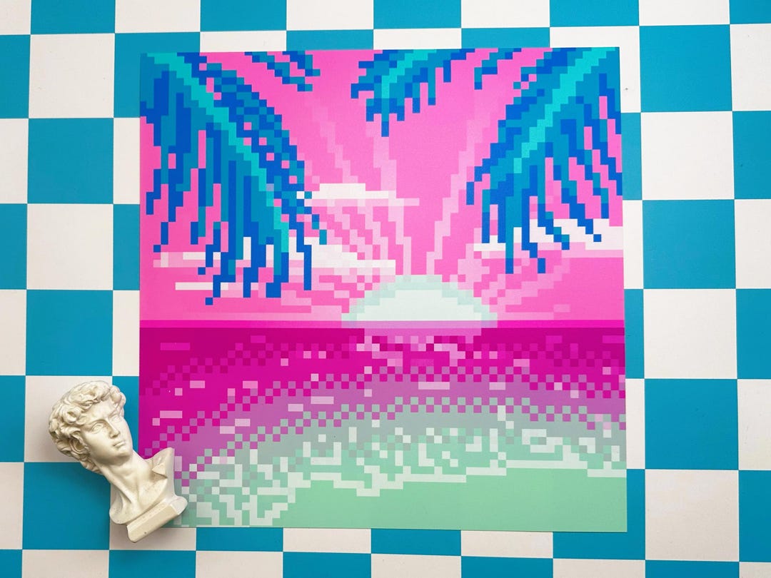 Pink Sunset Art Print, Pixel Art, Beach Print, Vaporwave Art, Aesthetic ...