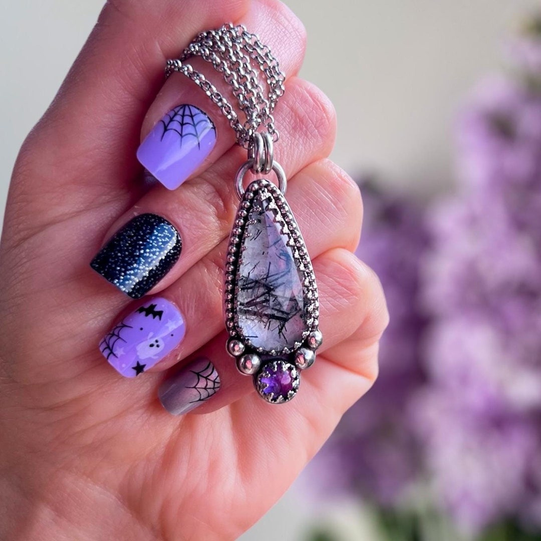 Natural Black Rutilated Quartz and Amethyst Statement Pendant Necklace ...