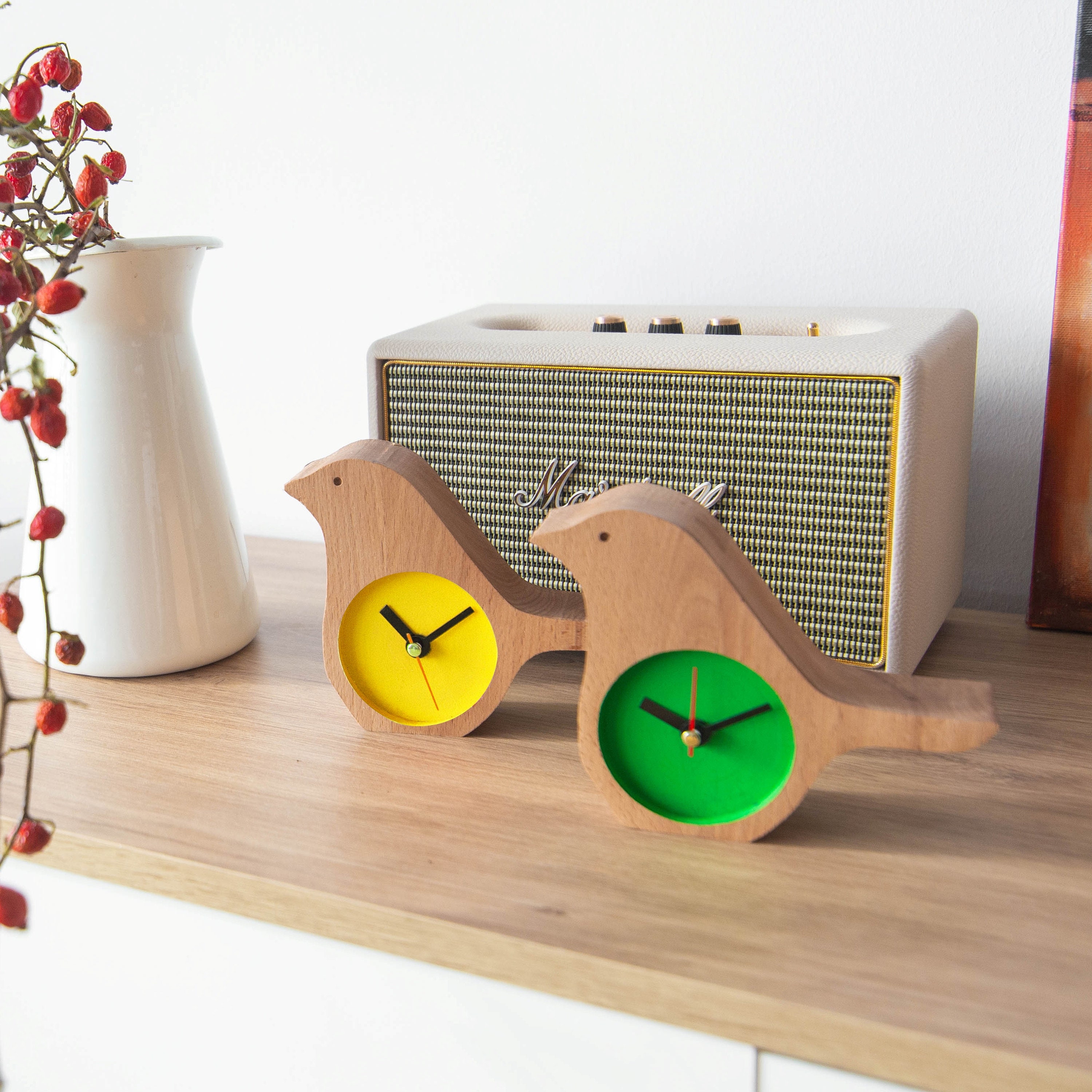 Wood Desk Clock Orange Bird Figurines - Book Shelf Decor Aesthetic ...