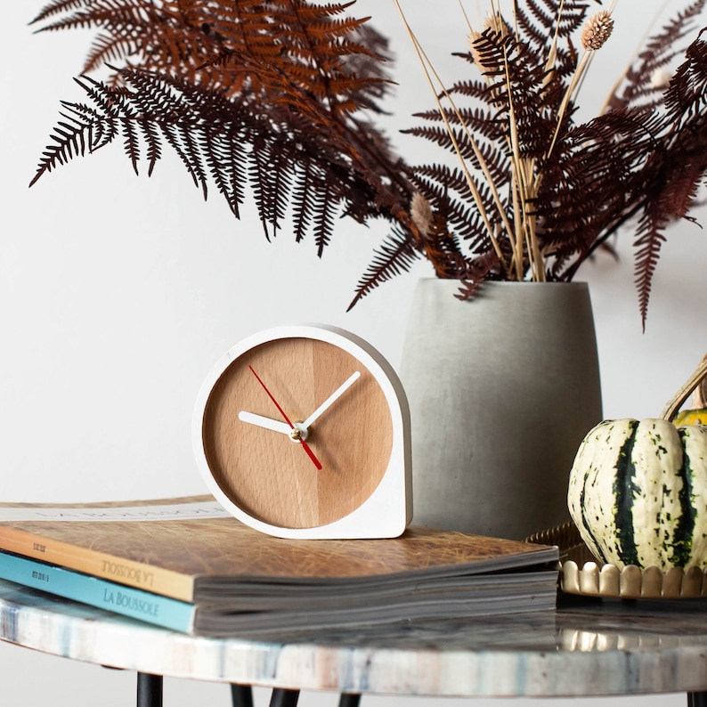 White Tabletop Wooden Clock on Scandinavian Desk, Above Bed ...