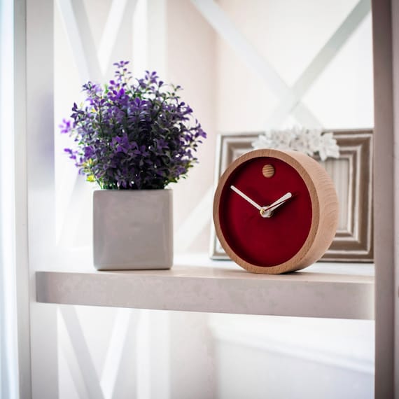 Wooden Red Small Tabletop Clock Mantel Geometric Minimalist | Etsy