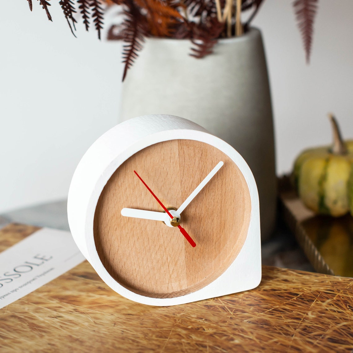 White Tabletop Wooden Clock on Scandinavian Desk Above Bed - Etsy