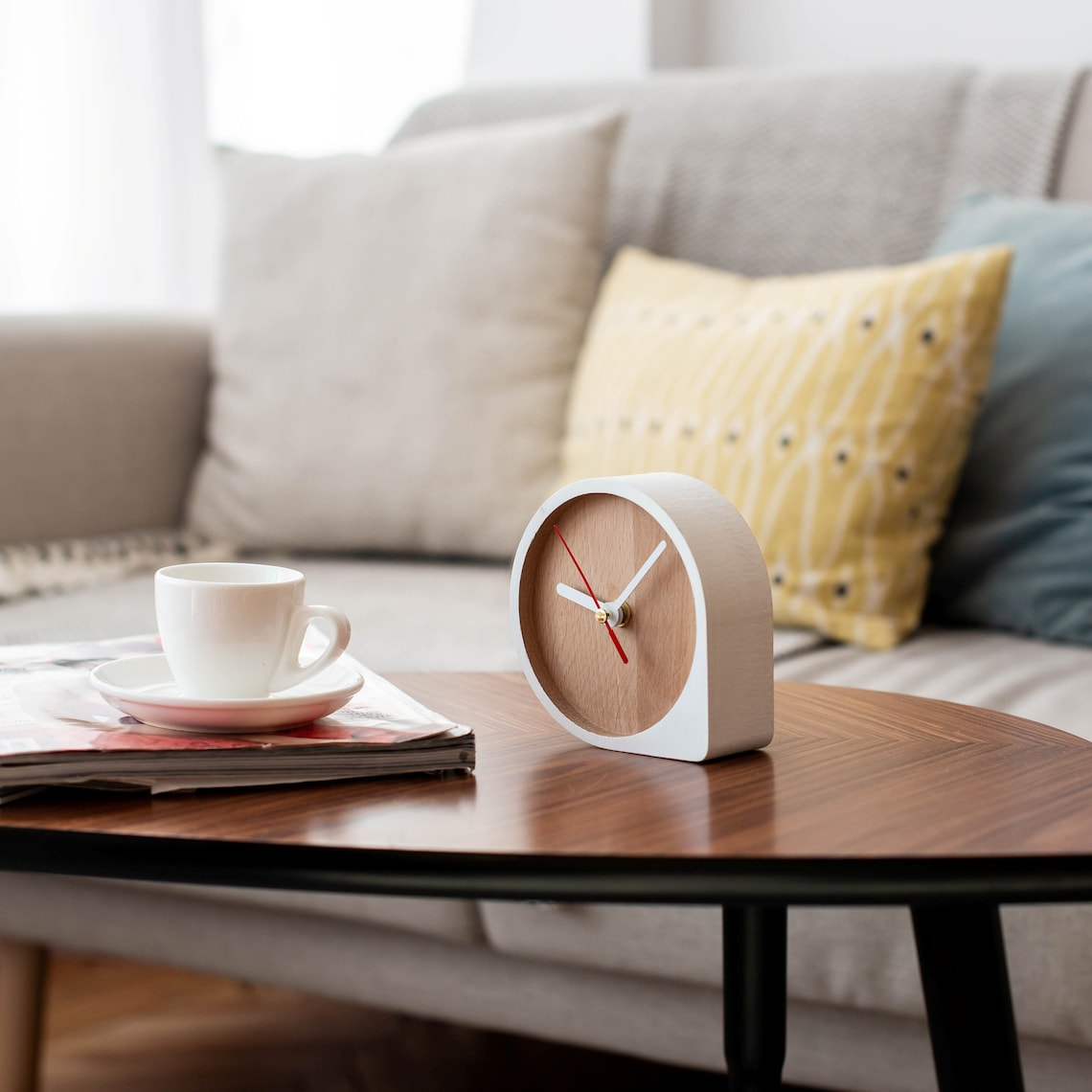 White Tabletop Wooden Clock on Scandinavian Desk Above Bed - Etsy