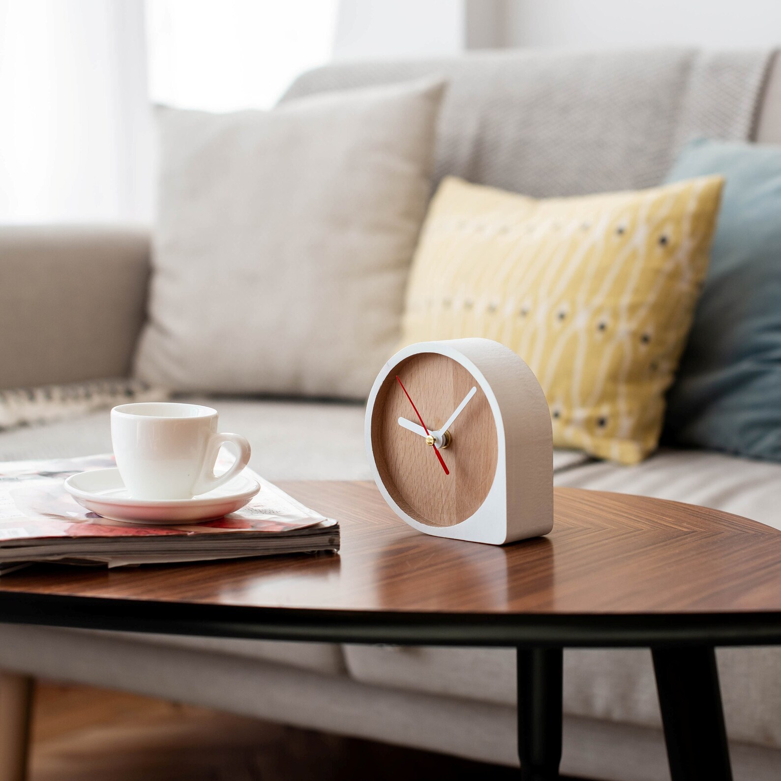 White Tabletop Wooden Clock on Scandinavian Desk, Above Bed ...