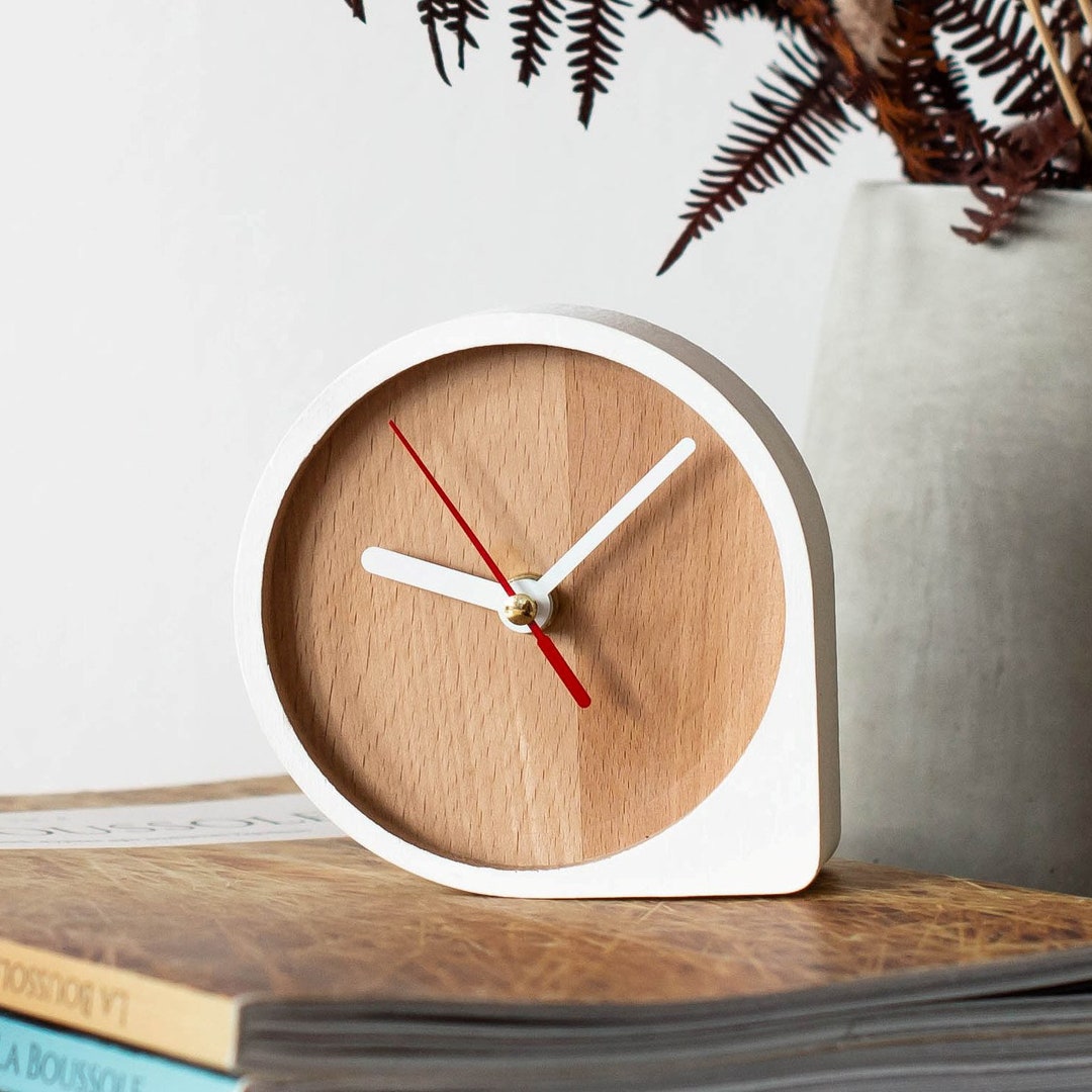 White Tabletop Wooden Clock on Scandinavian Desk, Above Bed ...