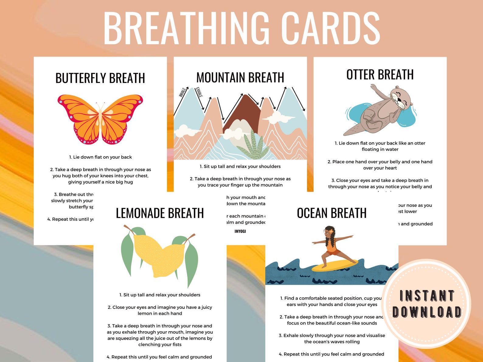 Breathing cards for kids digital download 25 printable | Etsy