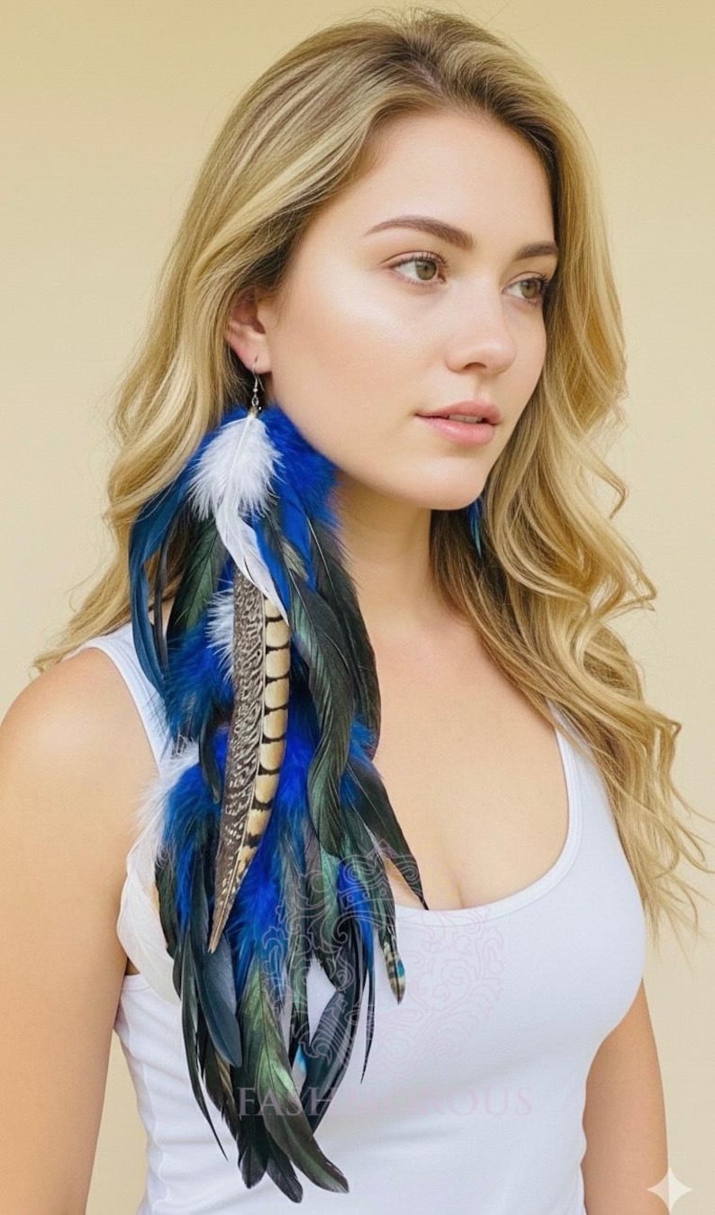 One Side Feather Statement Earring 18 Inch– Royal Blue Boho Tribal ...