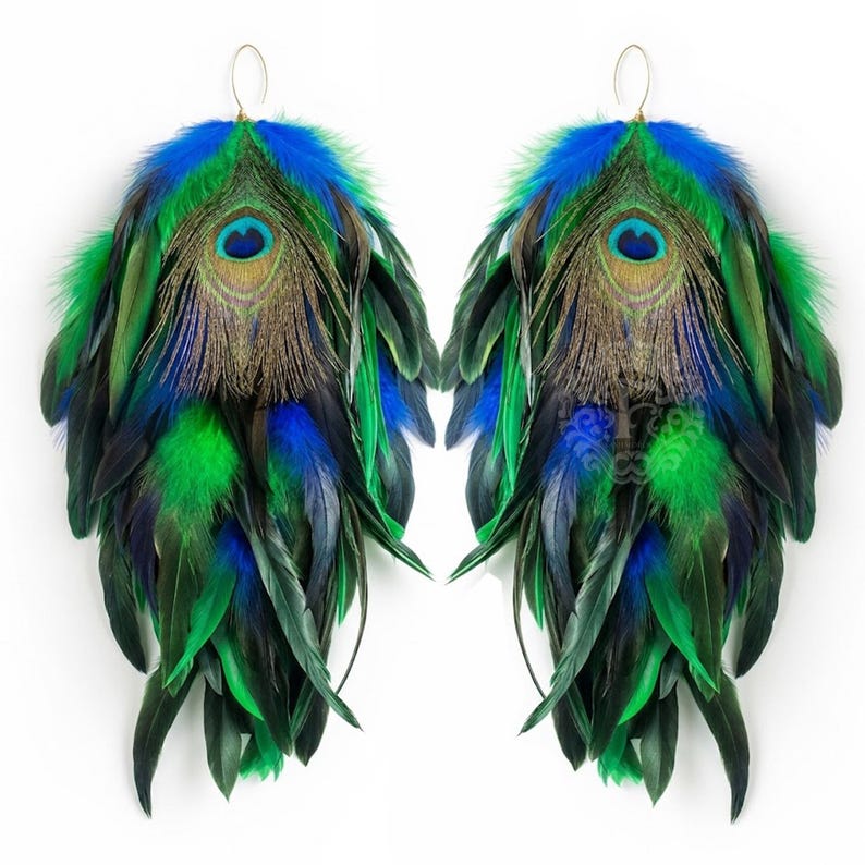 Boho Peacock Feather Dangle Earrings: Extra Long Statement Jewelry - Etsy