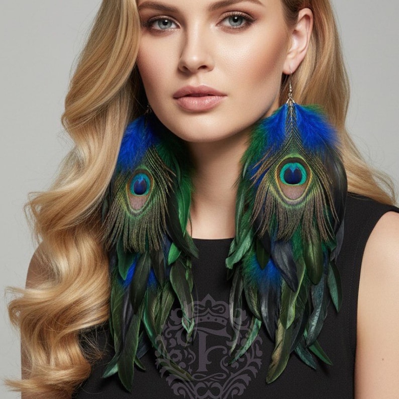 Boho Peacock Feather Dangle Earrings: Extra Long Statement Jewelry - Etsy
