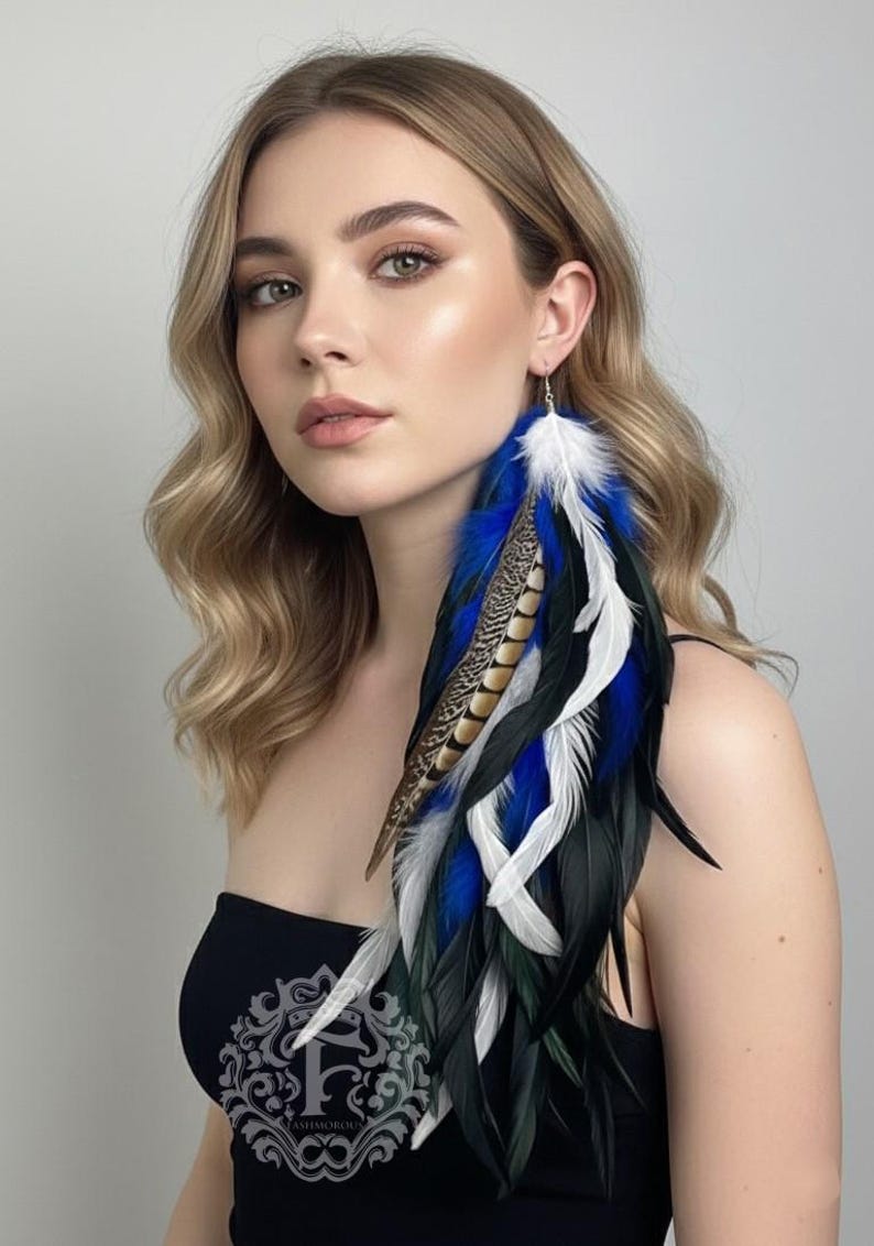 One Side Feather Statement Earring 18 Inch– Royal Blue Boho Tribal ...