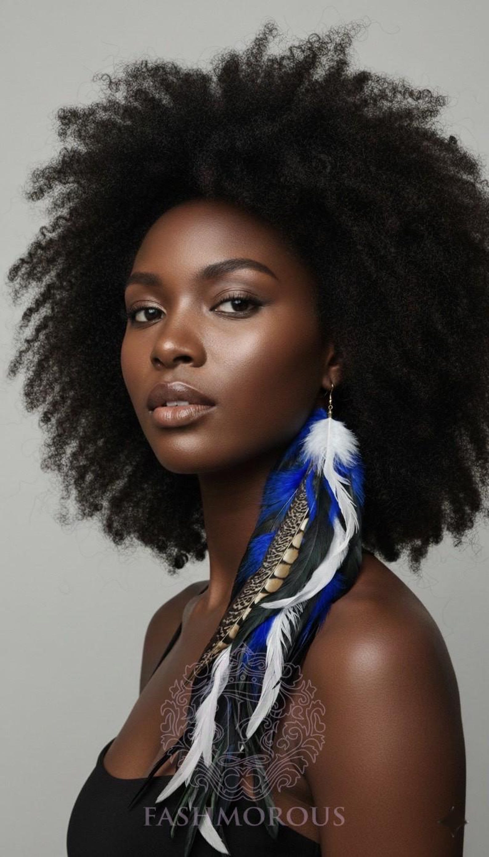 One Side Feather Statement Earring 18 Inch– Royal Blue Boho Tribal ...