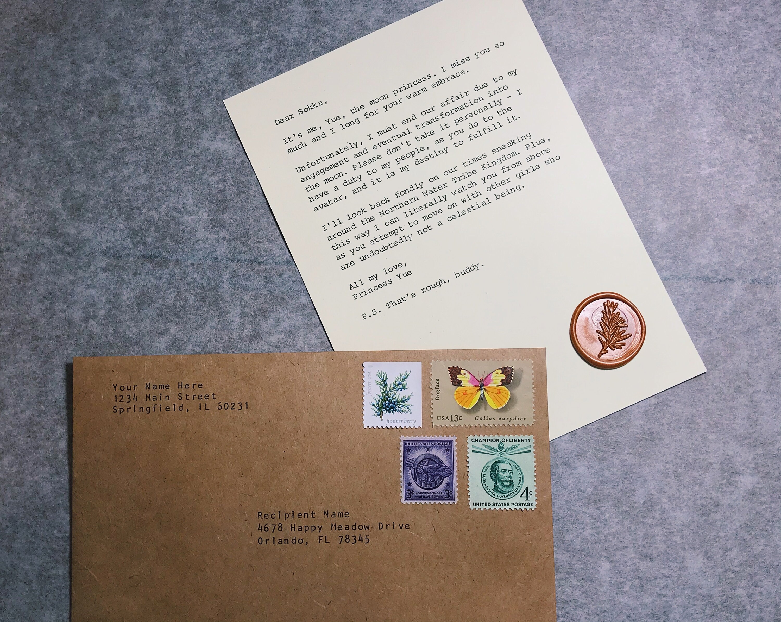 Custom/personalized Hand Typed Card With Wax Seal and Vintage Stamps - Etsy