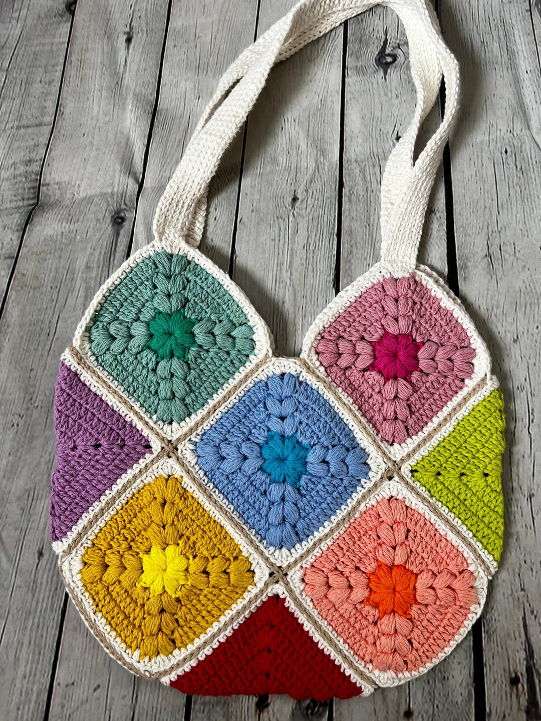 Crochet Granny Squares Tote Bag, Crochet Puff Bag, Retro Bag, Crochet ...
