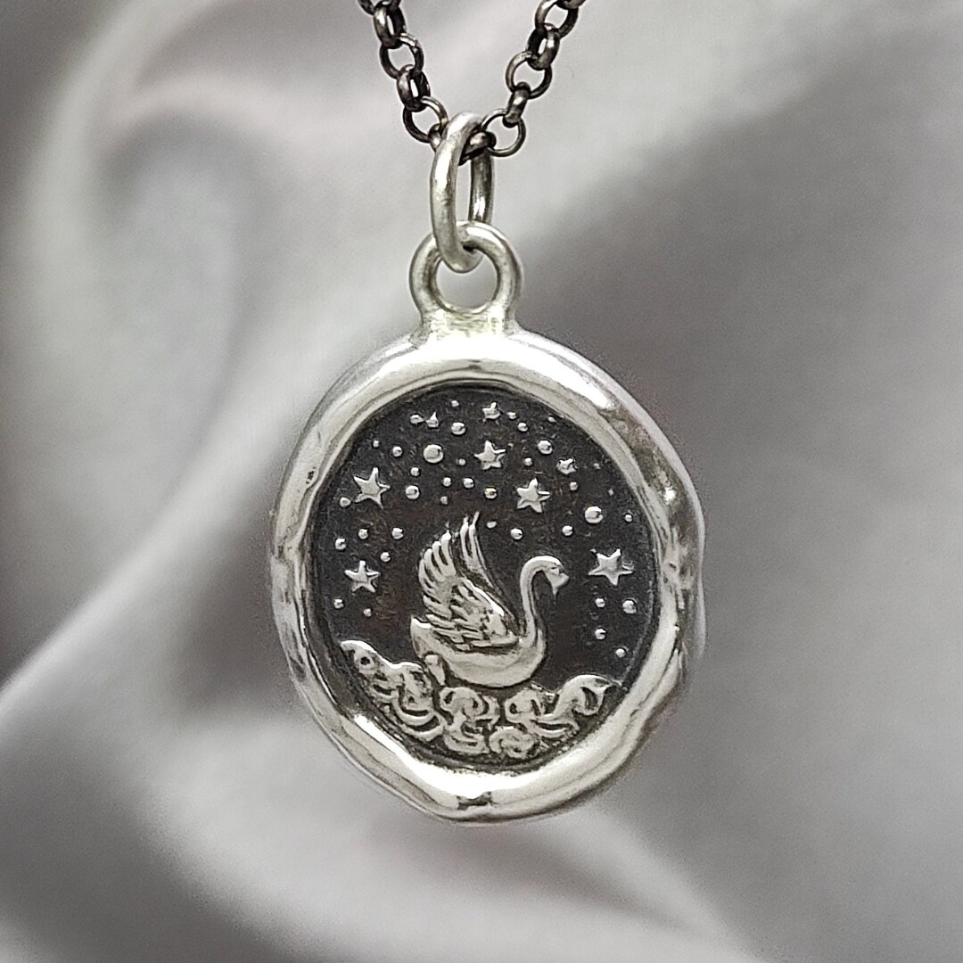 Swan Star Celestial Wax Seal Necklace Pendant, Handmade Sterling Silver, Intaglio Seal Heirloom ...