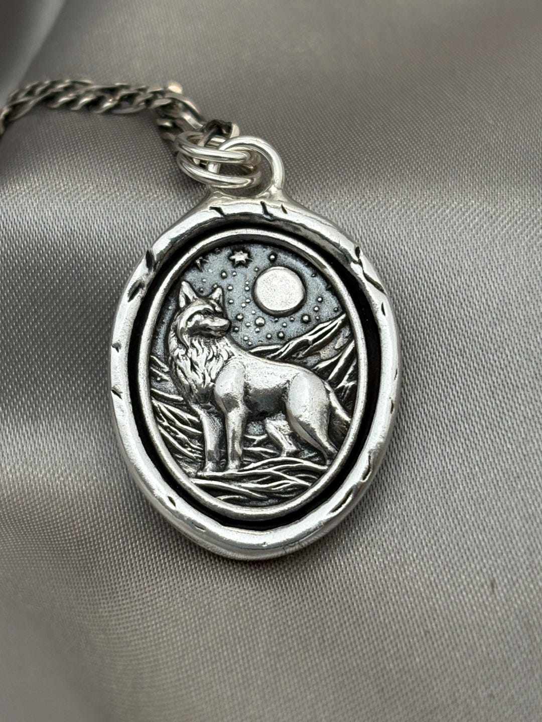 Wolf Moon Celestial Necklace, Wax Seal Pendant, Handmade Sterling ...