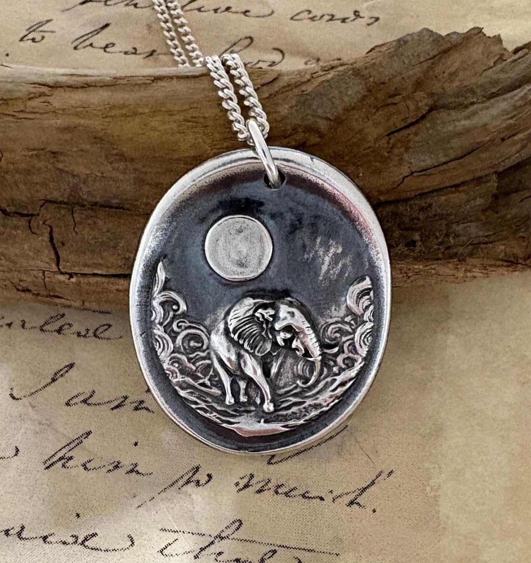 Elephant Moon Wax Seal Necklace: Solid Silver Talisman, Handmade ...