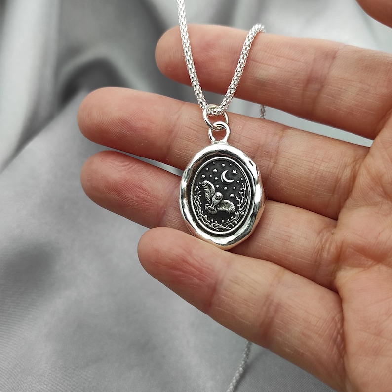 Handmade Solid Silver Owl Wax Seal Necklace: Celestial Talisman Pendant ...