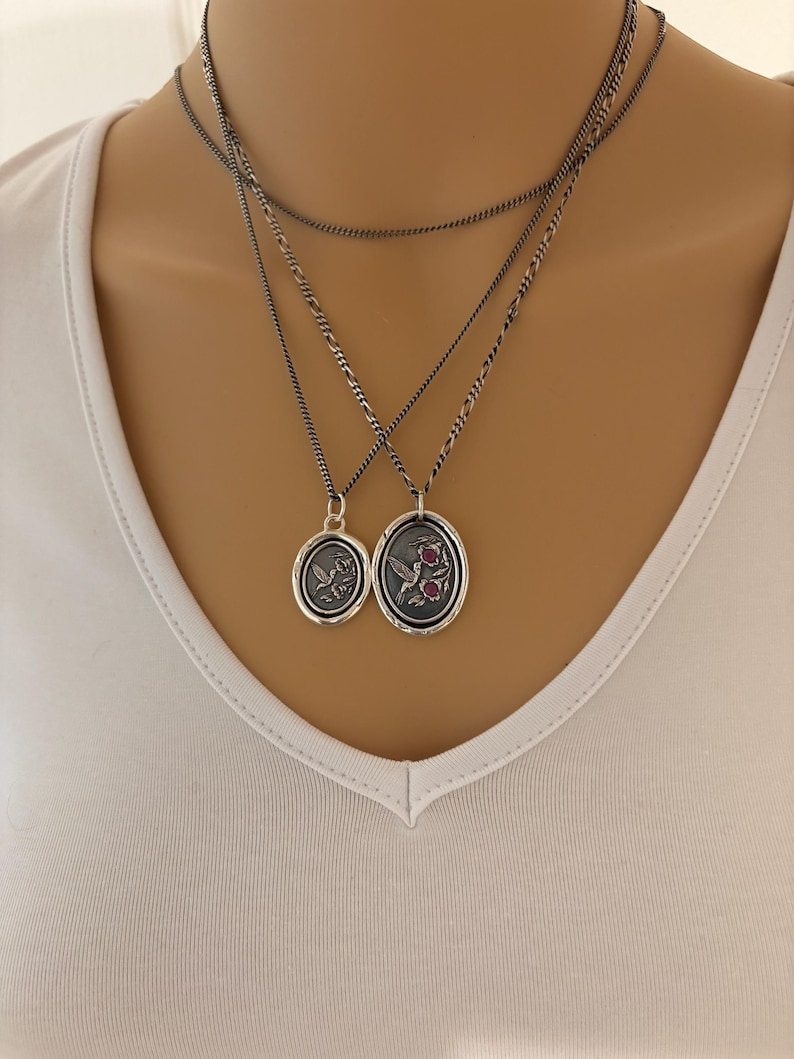 Hummingbird Ruby Gem Solid Silver Pendant Necklace: Handmade Intaglio ...
