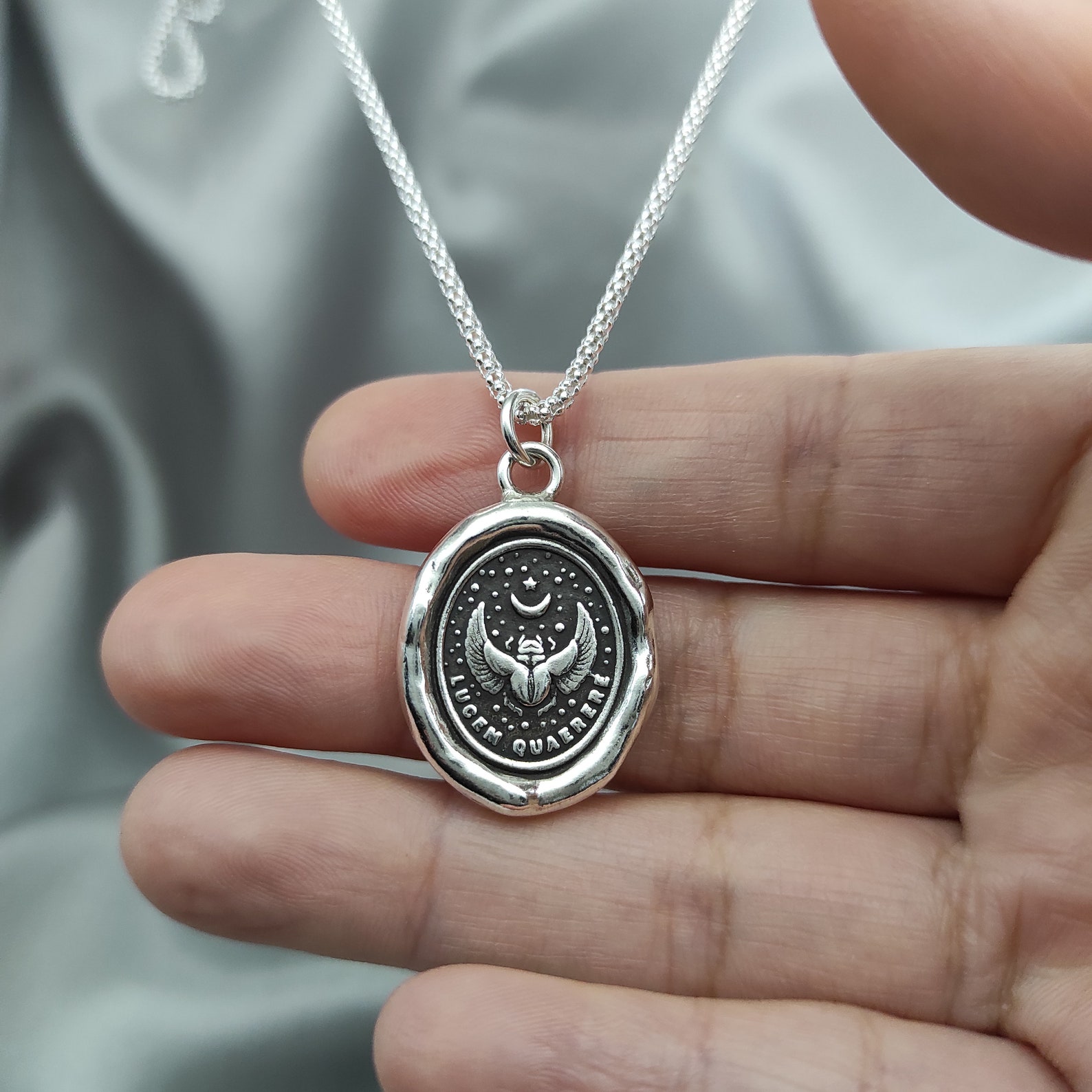 Scarab Beetle Solid Silver Necklace: Celestial Wax Seal Talisman ...