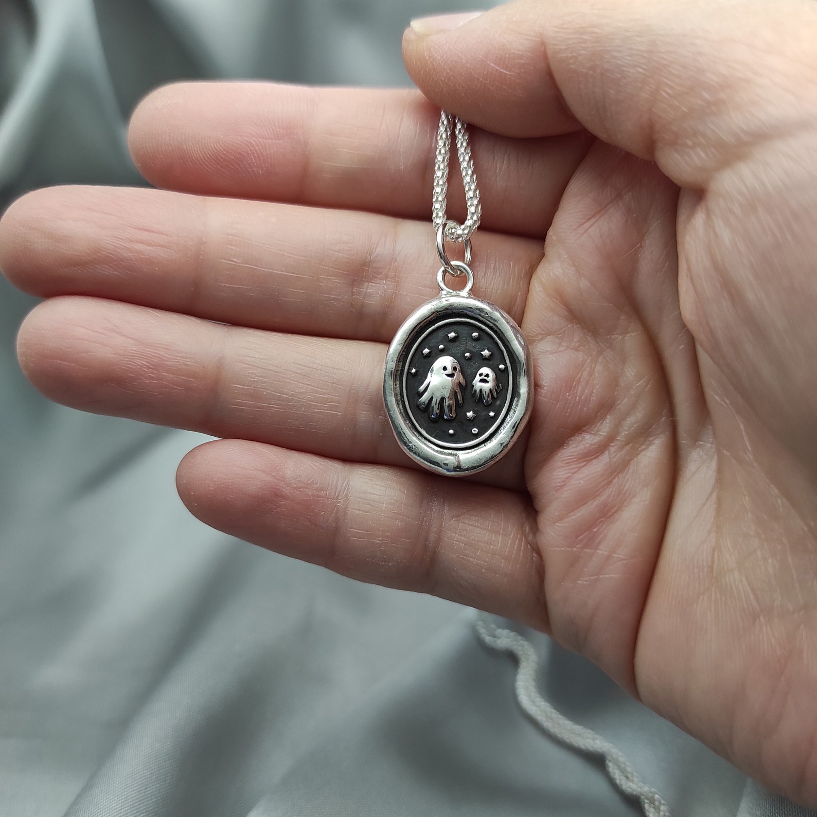 Spooky Ghost Wax Seal Necklace: Solid Silver Halloween Talisman ...
