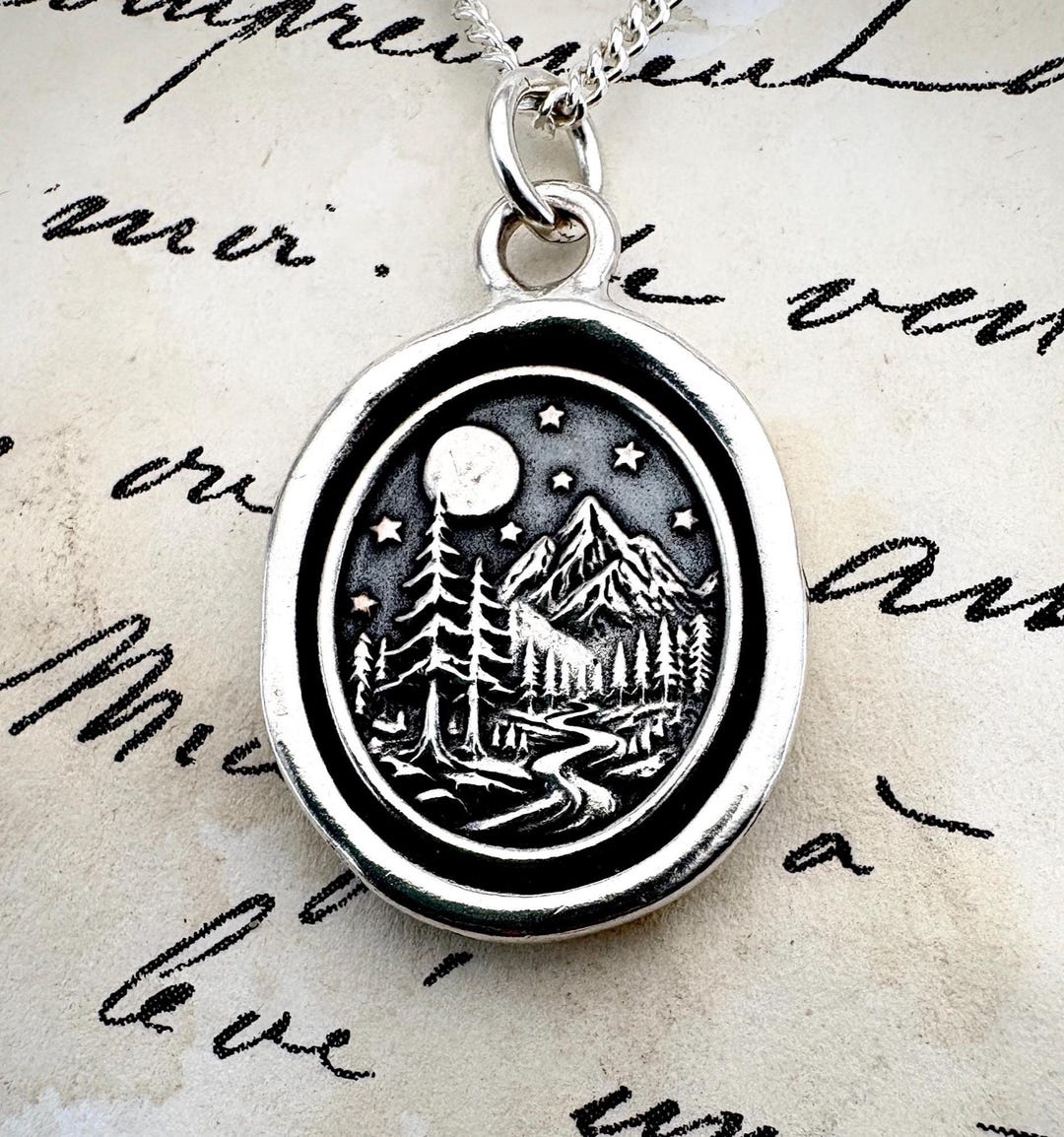 Solid Silver Moonlit Mountain Necklace: Handmade Wax Seal Pendant ...