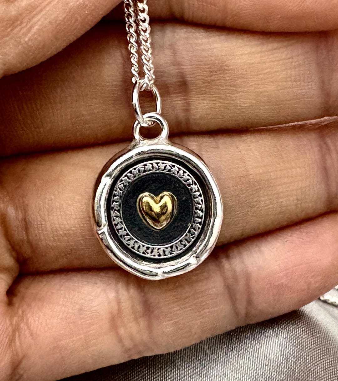 22K Gold Overlay Heart Pendant: Fine Silver Wax Seal Necklace, Liliane ...