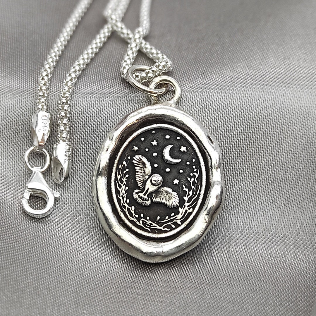 Handmade Solid Silver Owl Wax Seal Necklace: Celestial Talisman Pendant ...
