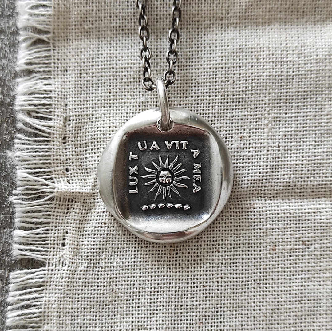 Handmade Solid Silver Sun Necklace: Latin Motto Wax Seal Pendant ...