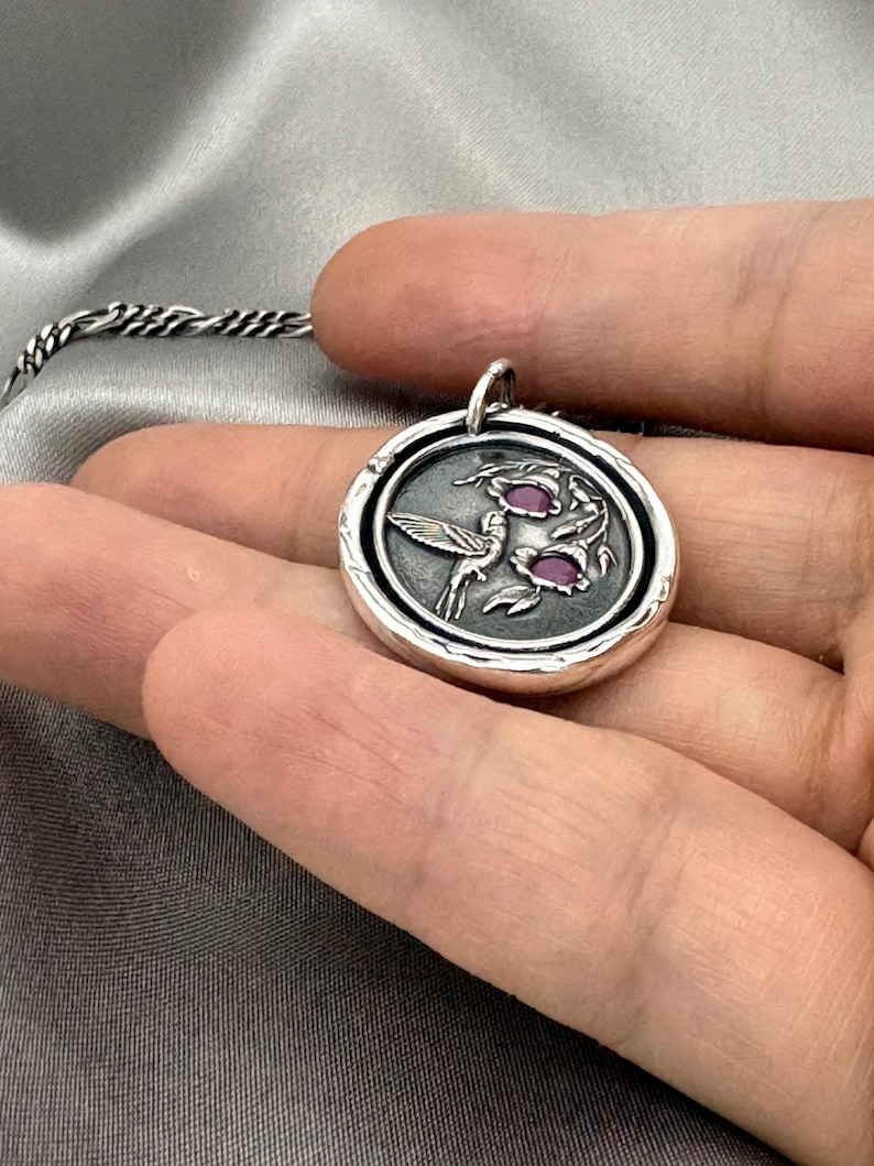 Hummingbird Ruby Gem Solid Silver Pendant Necklace: Handmade Intaglio ...
