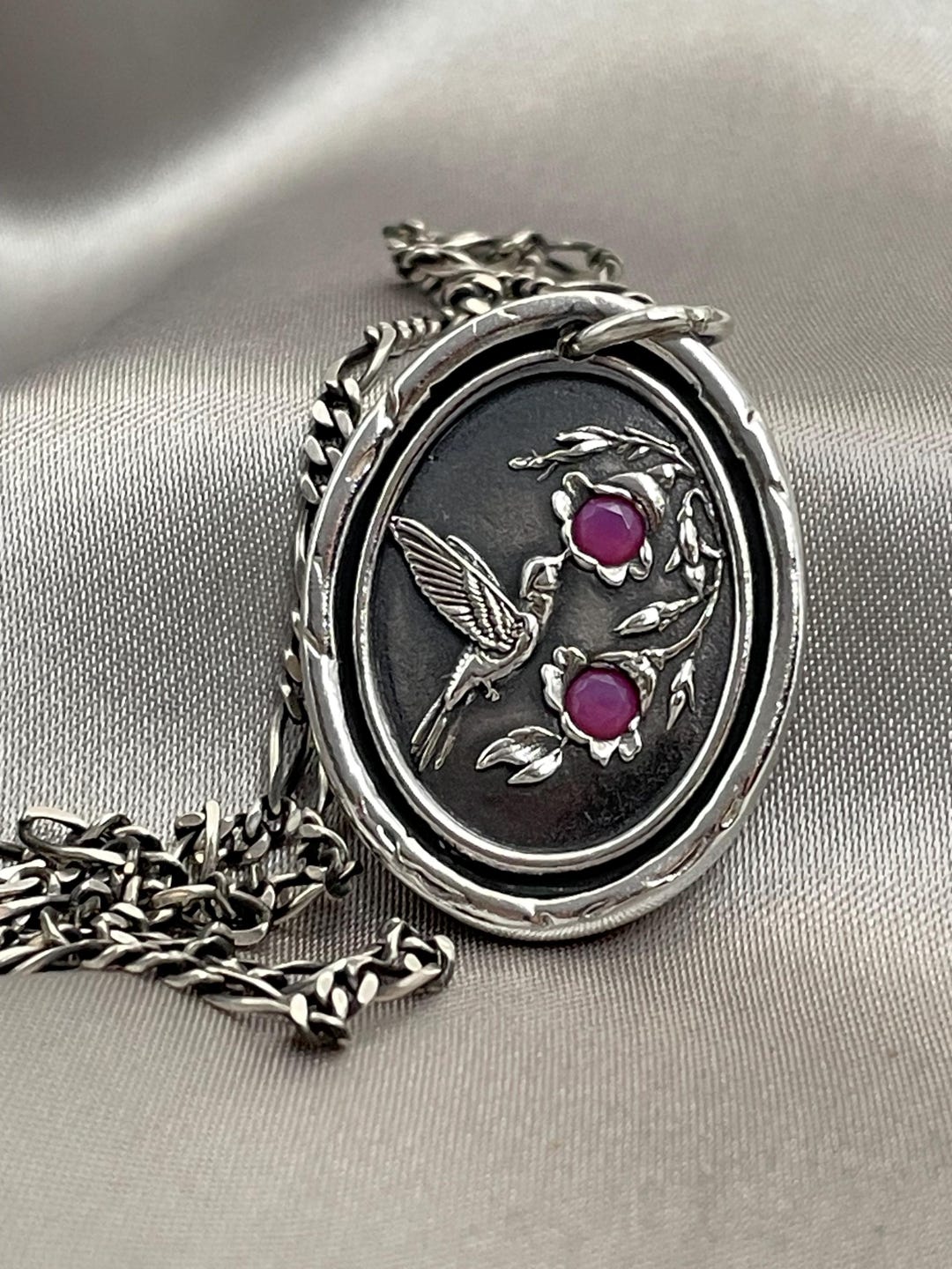 Hummingbird Ruby Gem Solid Silver Pendant Necklace: Handmade Intaglio ...
