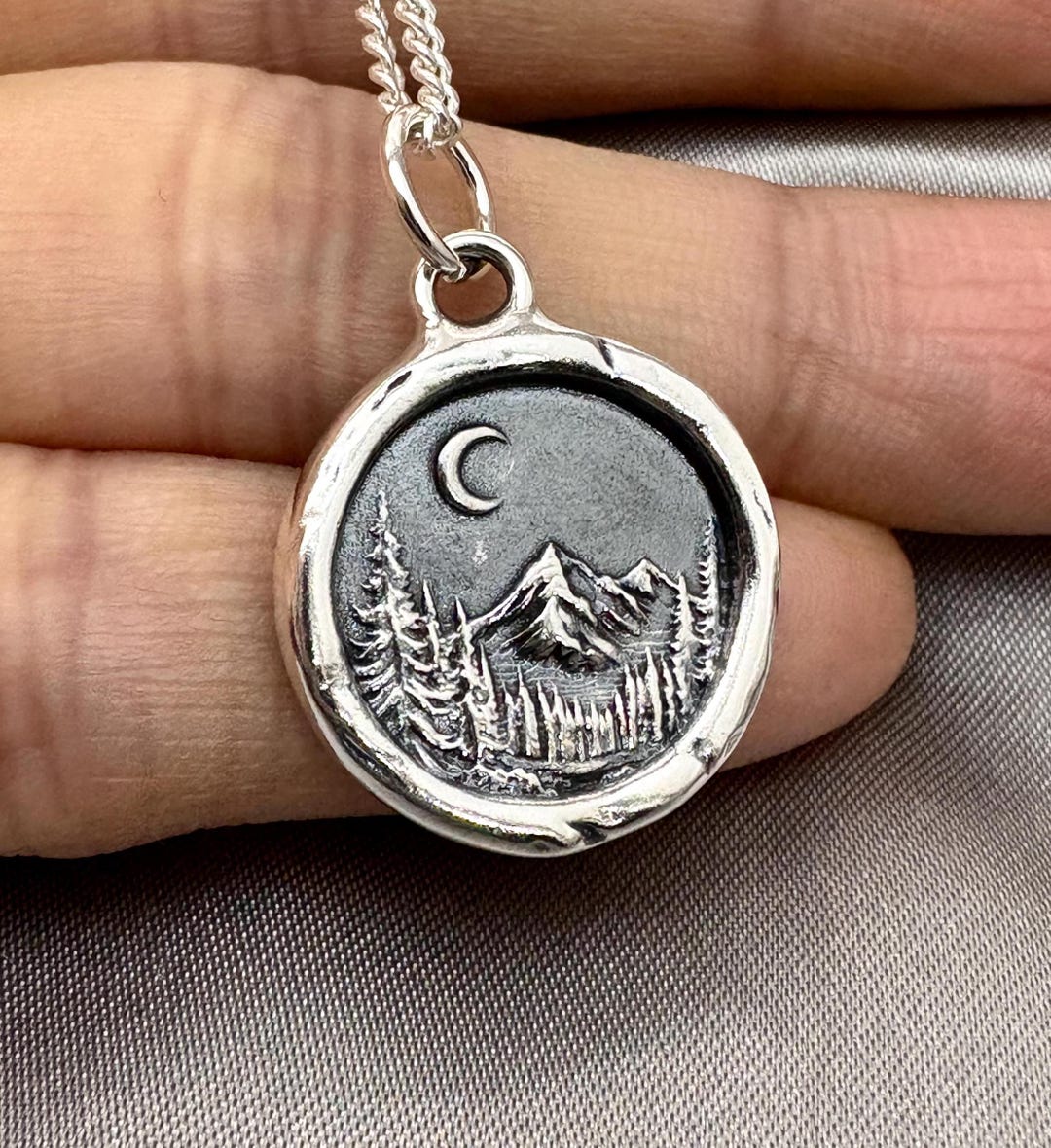 Mountain Moon Solid Silver Pendant - Nature Inspired Talisman Necklace ...