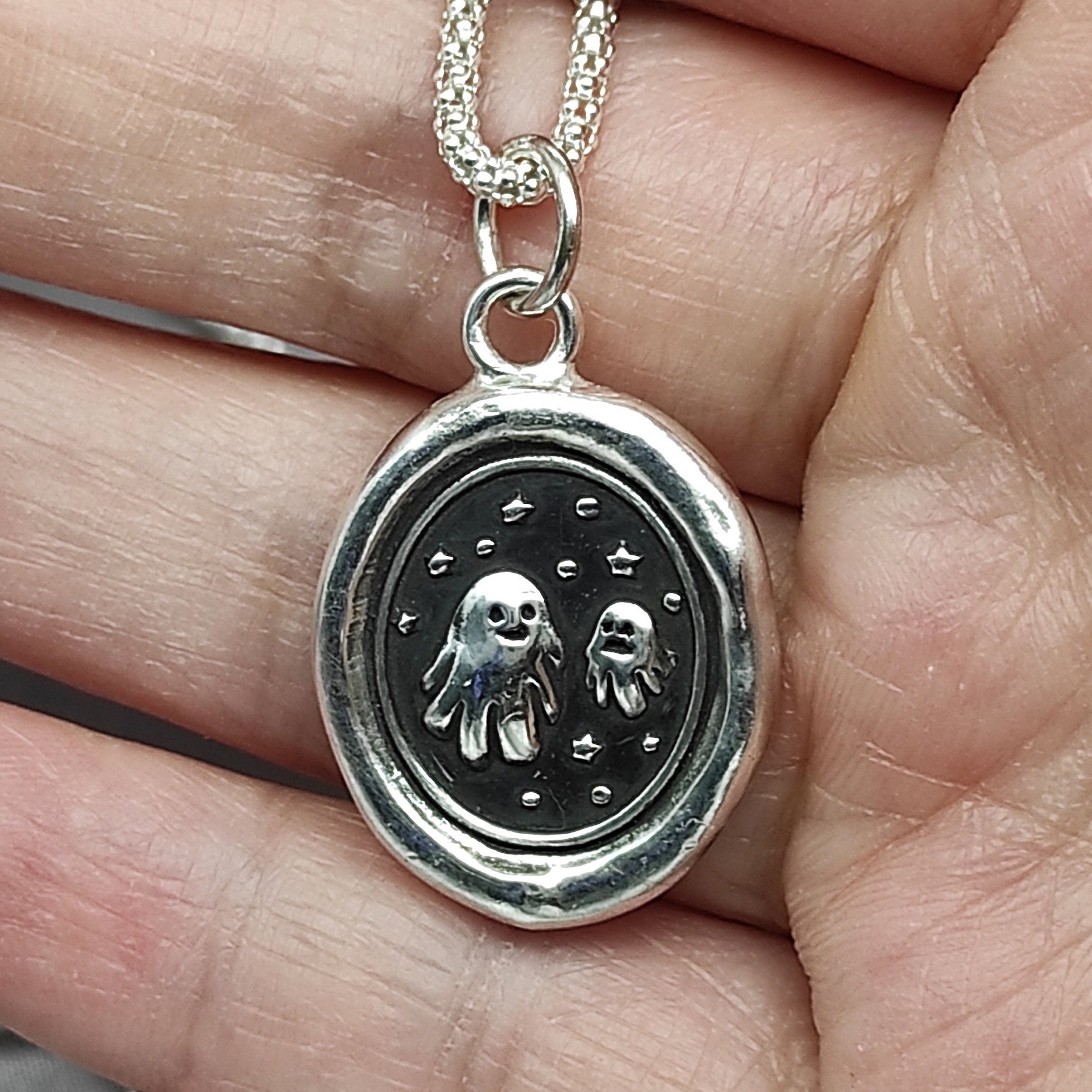 Spooky Ghost Wax Seal Necklace: Solid Silver Halloween Talisman ...